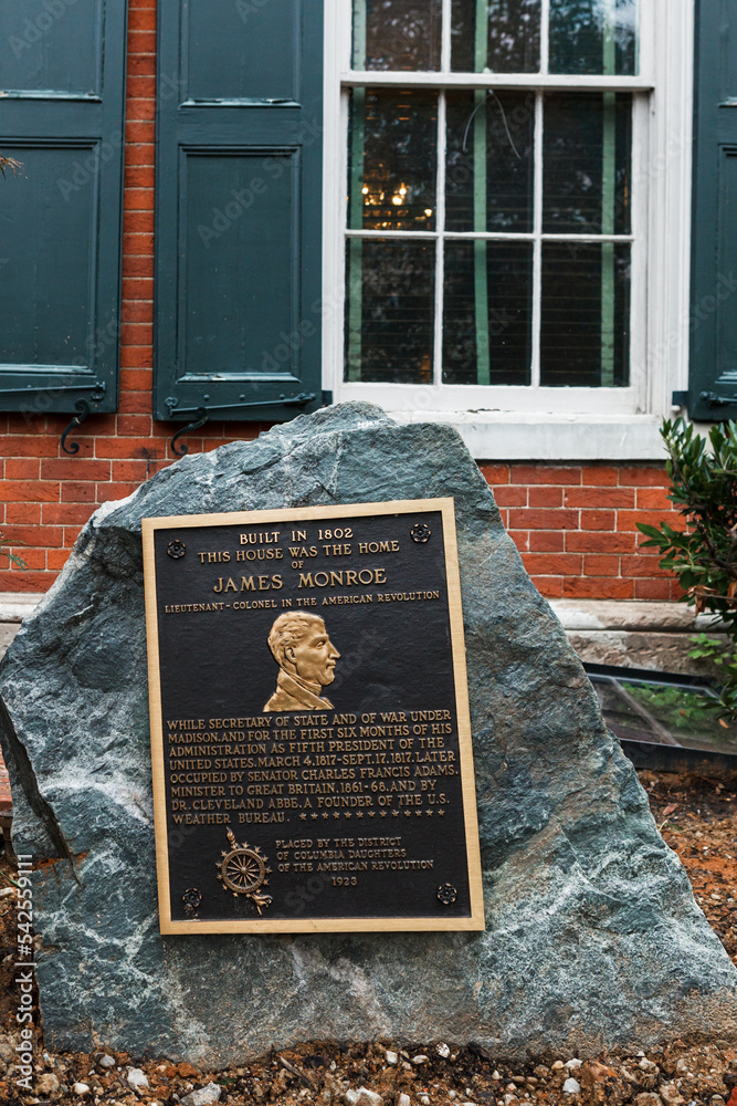 Washington, DC USA - October 16, 2014: James Monroe plaque at the Arts ...