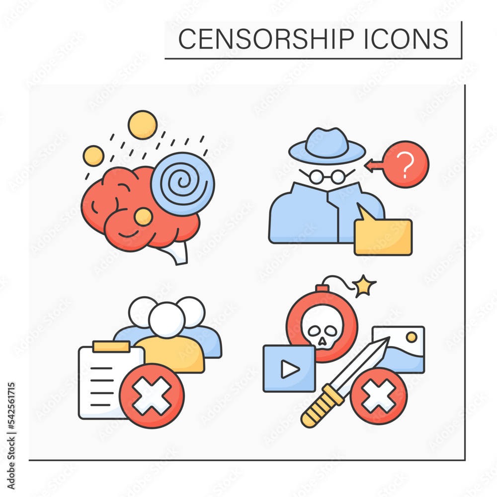 Censorship color icons set. Brainwash, anonymous, blacklist, extremist ...