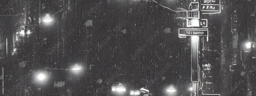 The city street is cold and empty. The snow is falling gently, coating ...