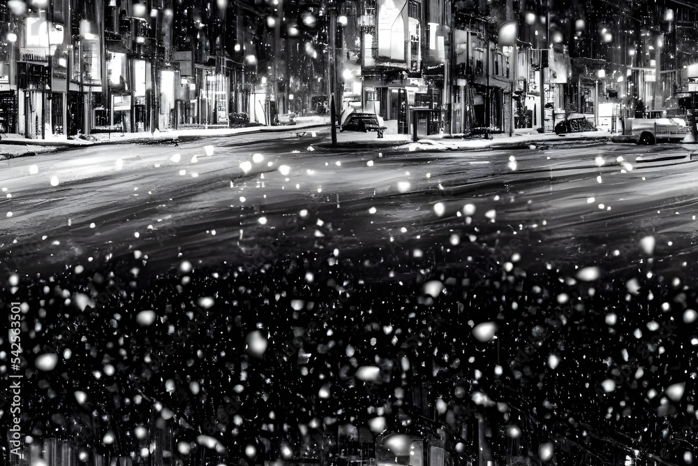 The city street is cold and empty. The trees are bare and the sidewalks ...