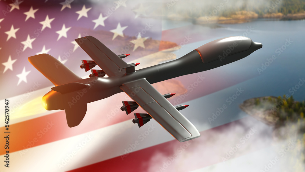 American-made drone. UAV with USA flag. UAV technology in USA. Unmanned ...