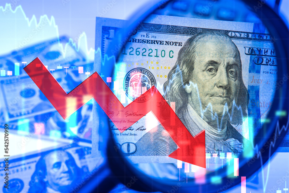 Dollar inflation. Graph declining demand for US currency. Red down ...