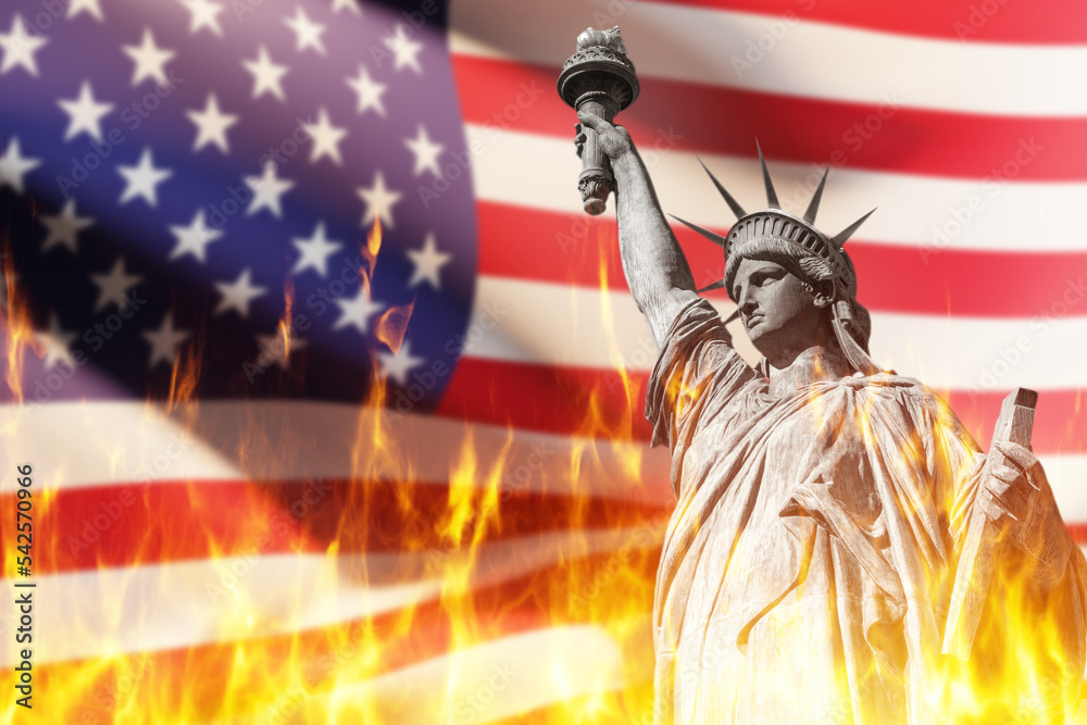 USA political crisis. American flag with flames. Burning USA flag ...