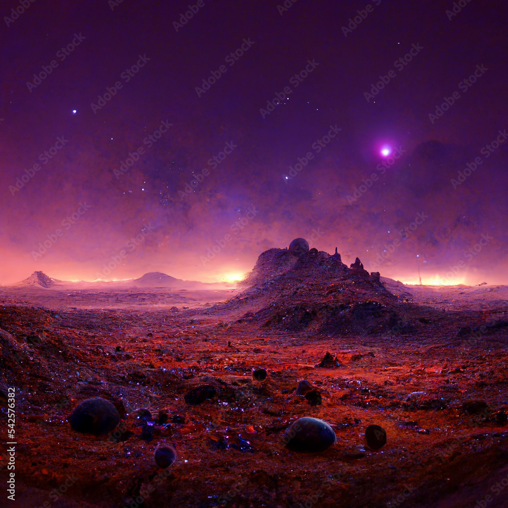 Mars purple space landscape with starry sky, meteors and mountains ...