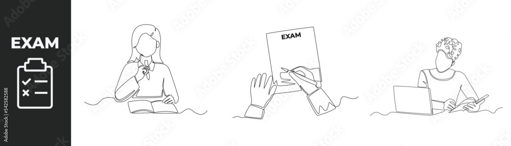 Single one line drawing exam preparation set concept. Young Students ...