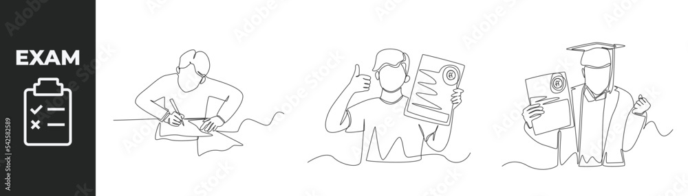 Single one line drawing exam preparation set concept. Boy student do ...