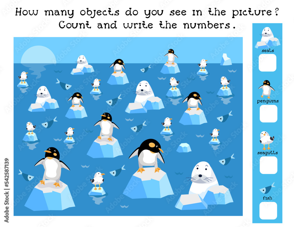 How many objects in the picture. Game for children. Count and write ...