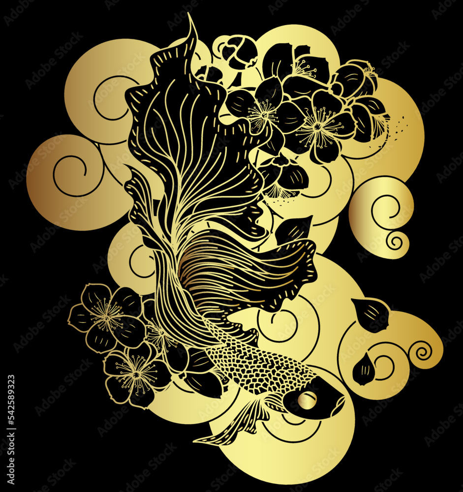 Hand drawn beta fish and sakura vector isolate on white background ...