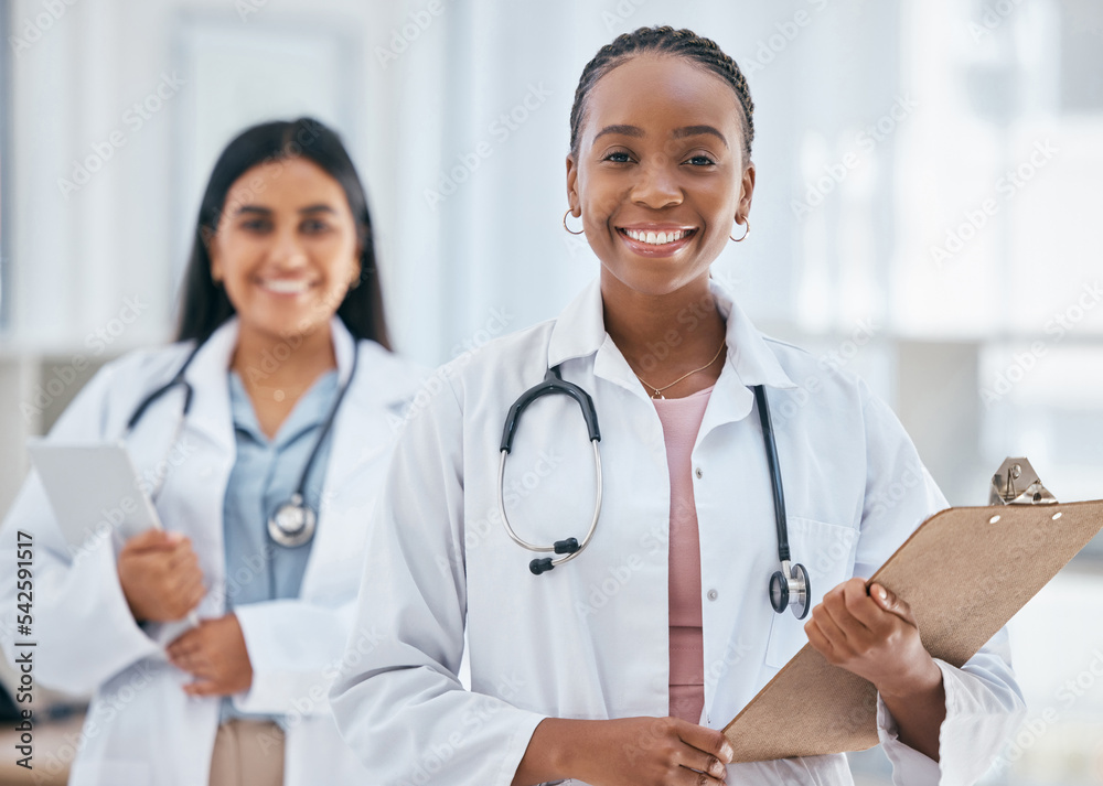 Healthcare, women and doctors with patient chart on clipboard in ...