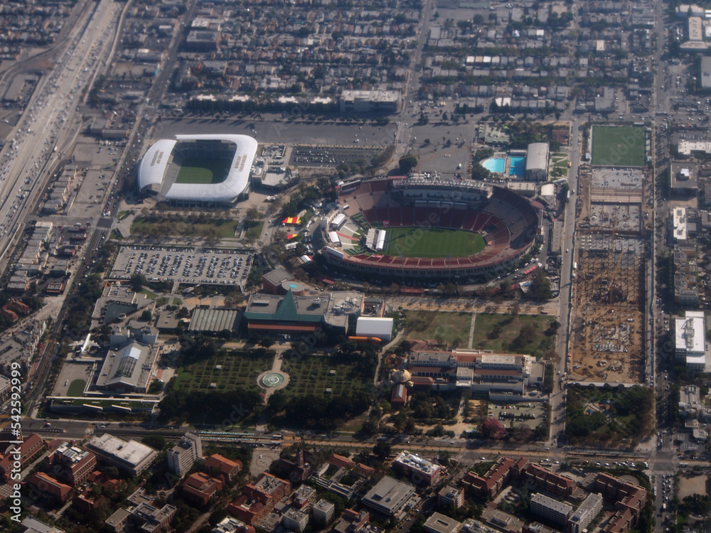 Aerial of Los Angeles Memorial Coliseum, Banc of California Stadium ...