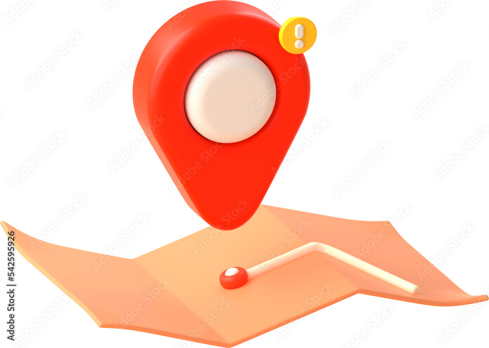 3D illustration of red locator sign on map with travel route to ...