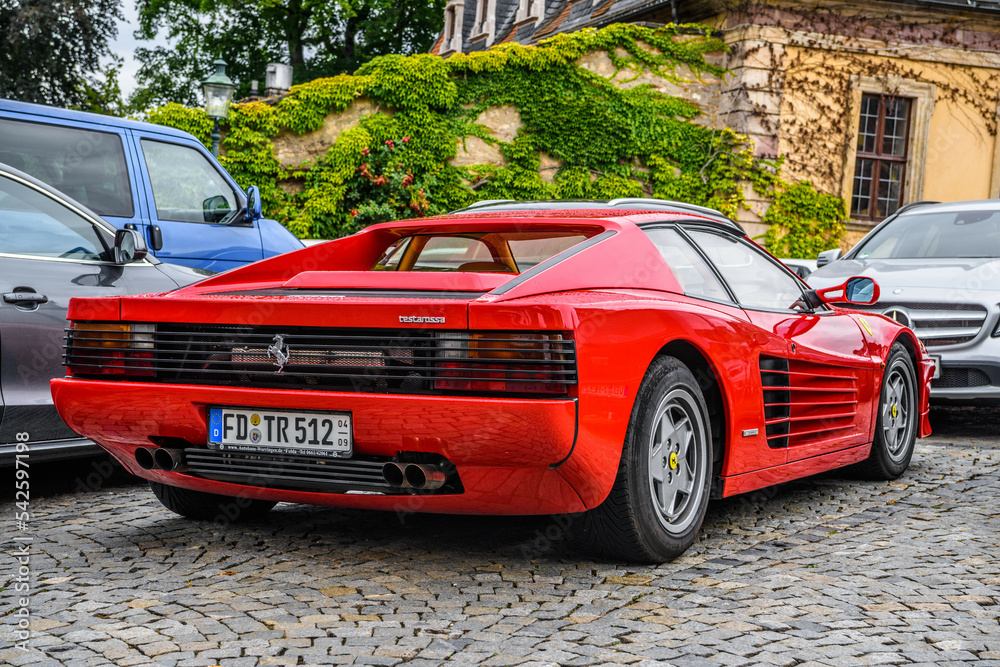 GERMANY, FULDA - JUL 2019: red FERRARI TESTAROSSA Type F110 coupe is a ...