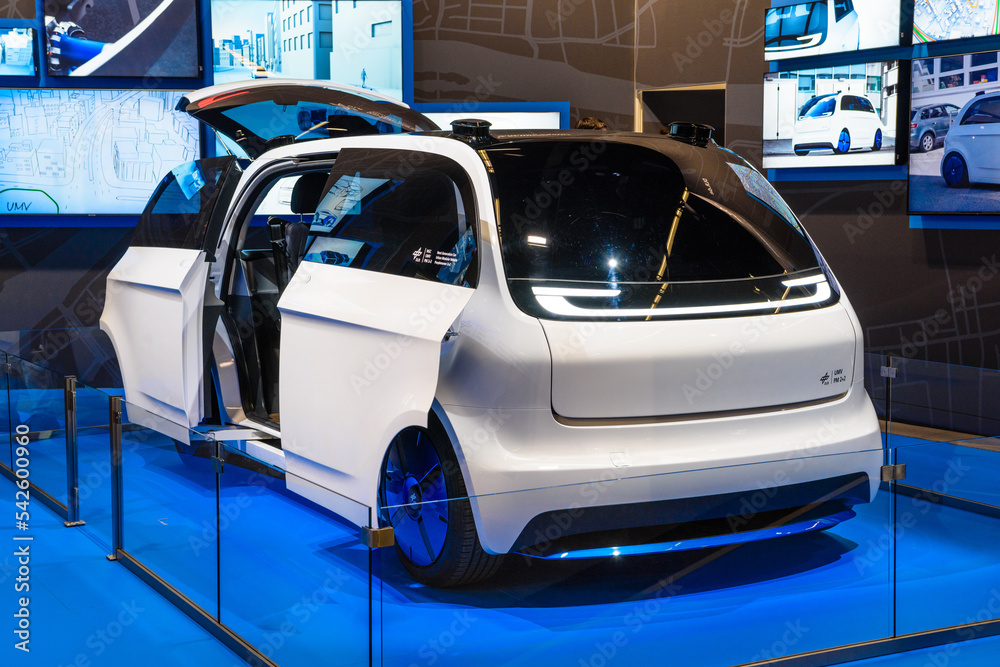 FRANKFURT, GERMANY - SEPT 2019: white autonomous shuttle bus DLR NGC ...