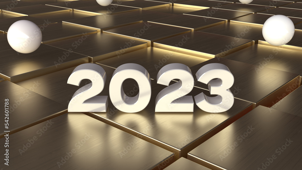 Gold numbers 2023 with flowing white and gold geometric 3d shapes on ...