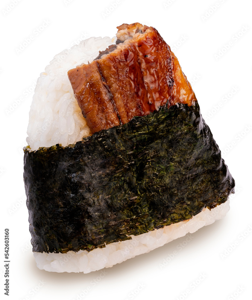 Japanese rice ball with grilled eel and soy Sauce isolated on white ...