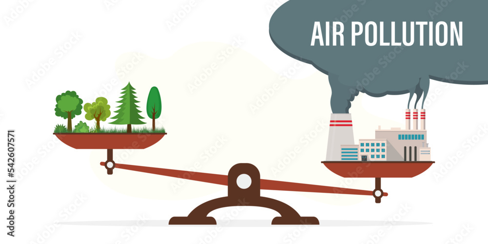 Green forest and industry on big unbalanced scales, factory with dirty ...