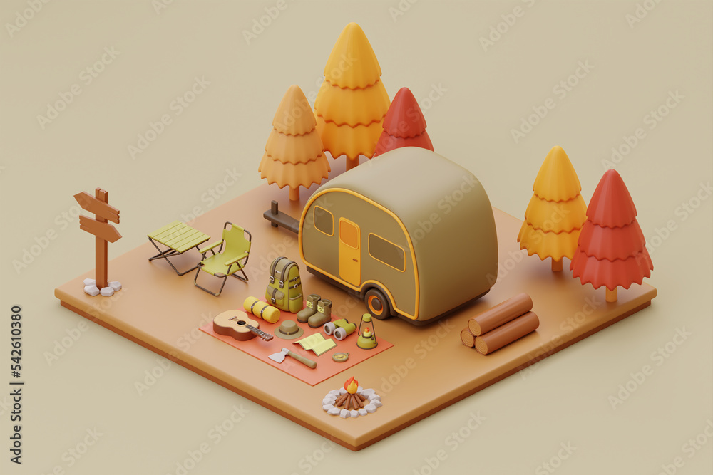 Campsite in nature with camping trailer and camping elements, summer ...