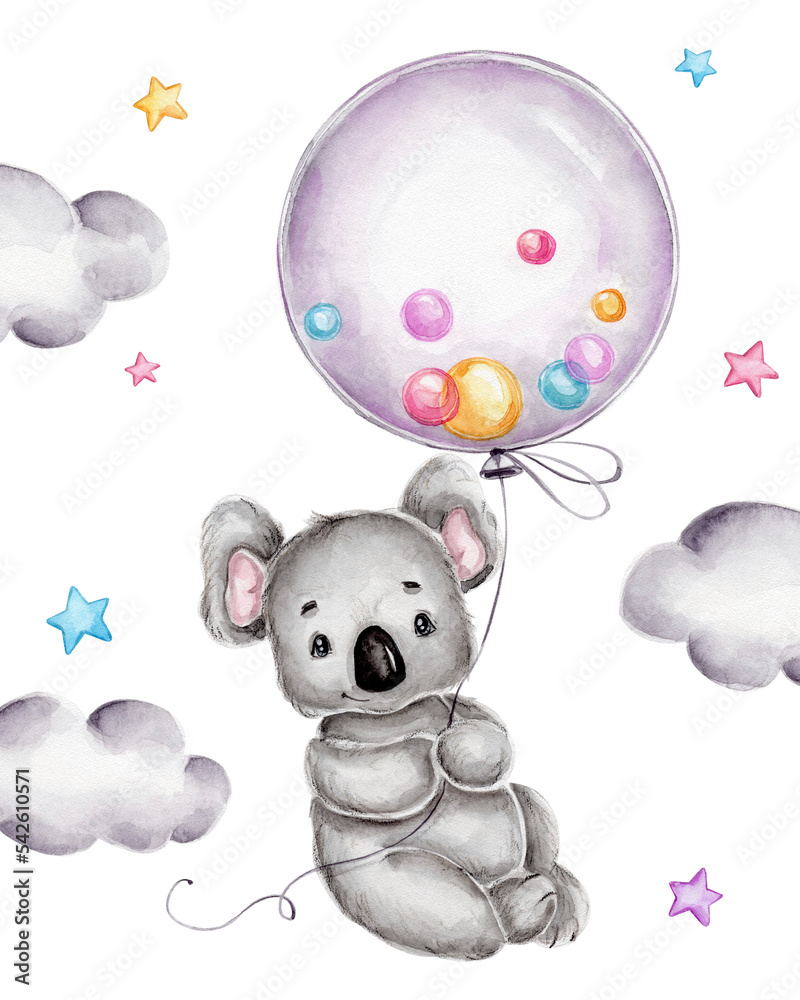 Koala with balloon; watercolor hand drawn illustration; with white ...