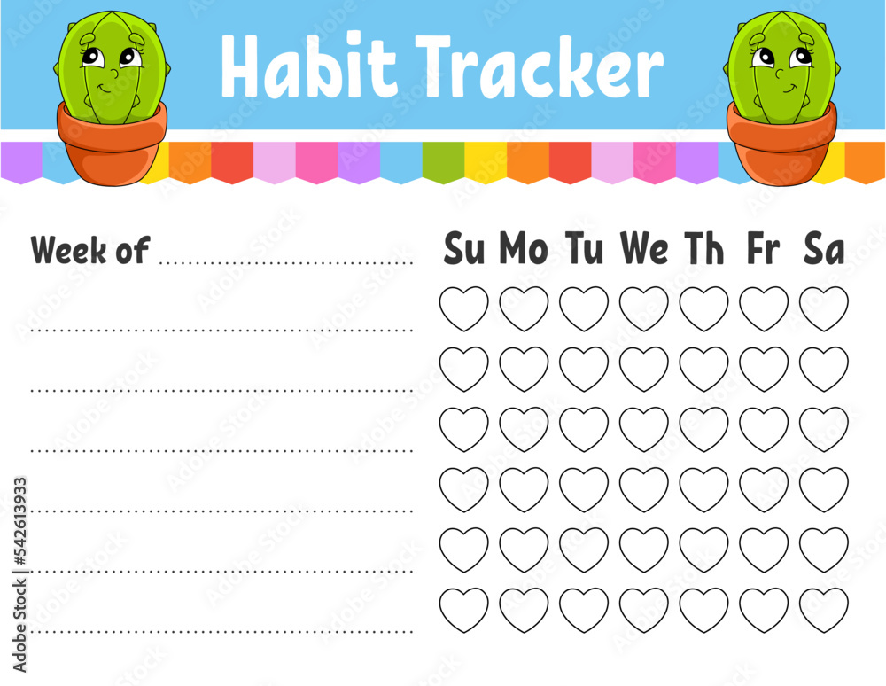 Habit tracker for kids. Sheet template for printing. With cute ...