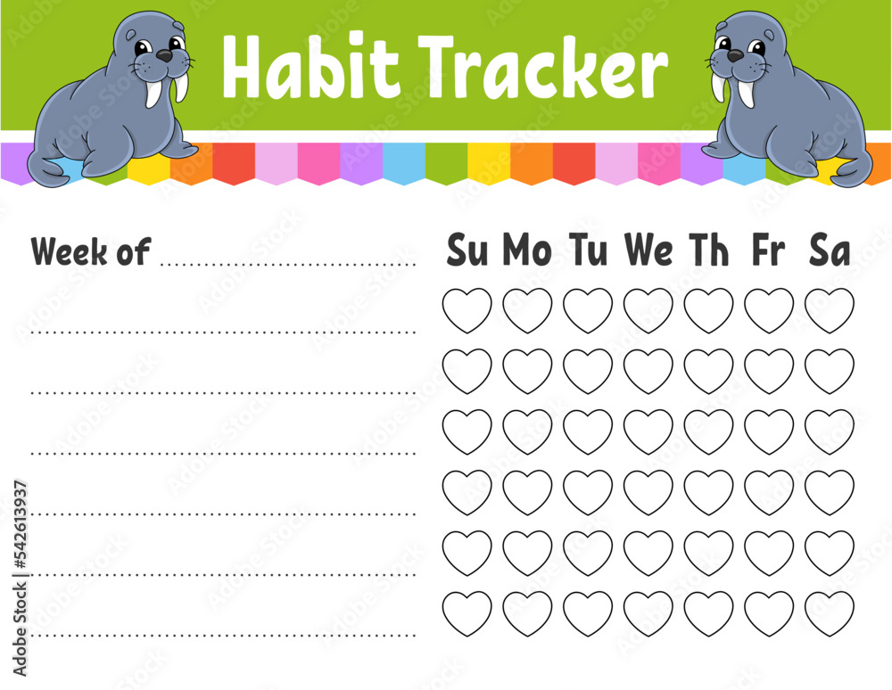 Habit tracker for kids. Sheet template for printing. With cute ...