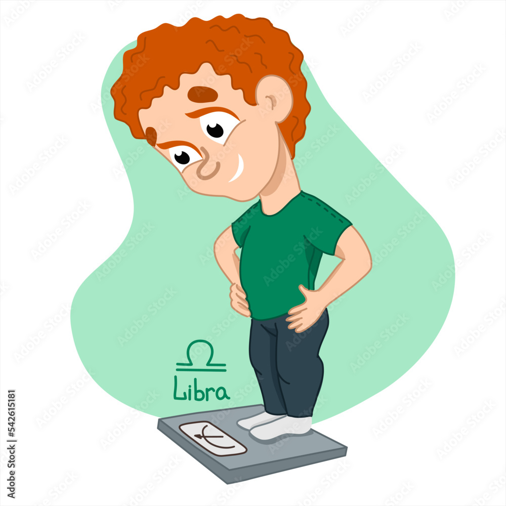 Libra zodiac sign. The boy is standing on the scales. Isolate vector ...