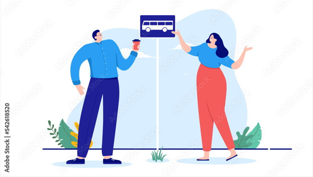 Waiting for the bus - Vector illustration of two people, man and woman ...