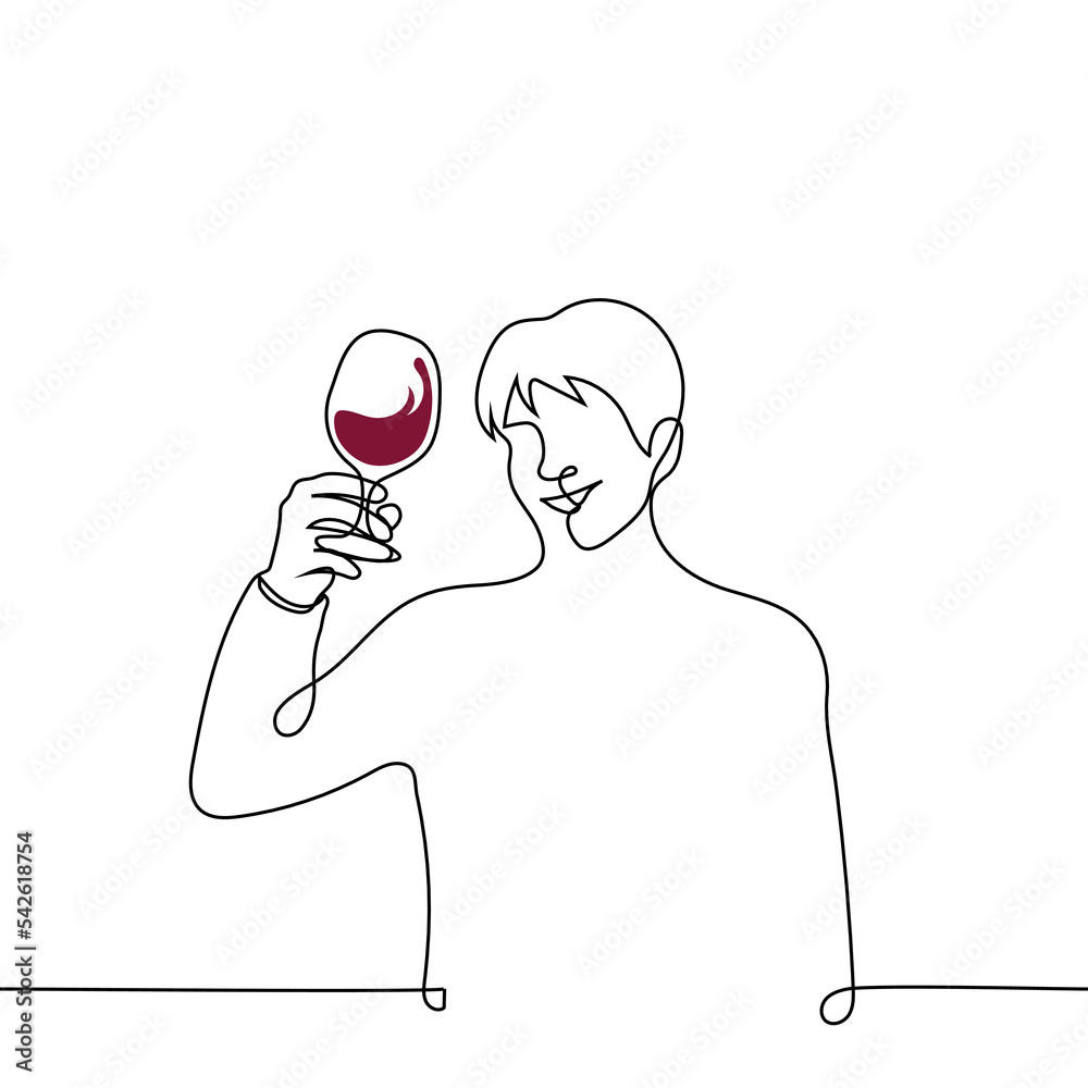 man smiles raising his glass with red wine splashing in it - one line ...