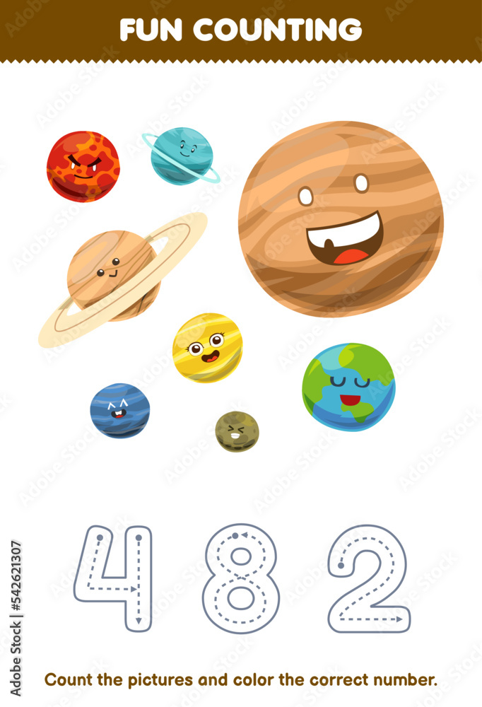 Education game for children count the pictures and color the correct ...