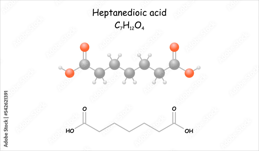 Stylized molecule model/structural formula of heptanedioic acid. Stock ...