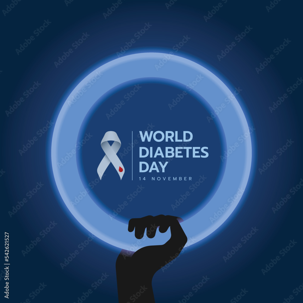 world diabetes day - Silhouette hand hold white neon blue circle symbol ...