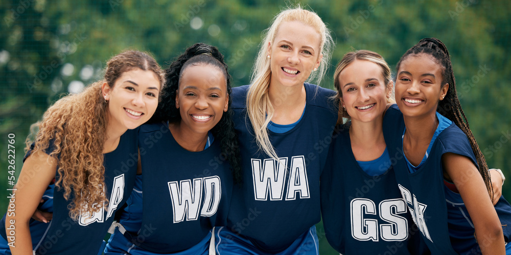 Sports, teamwork and netball with portrait of women for. training ...