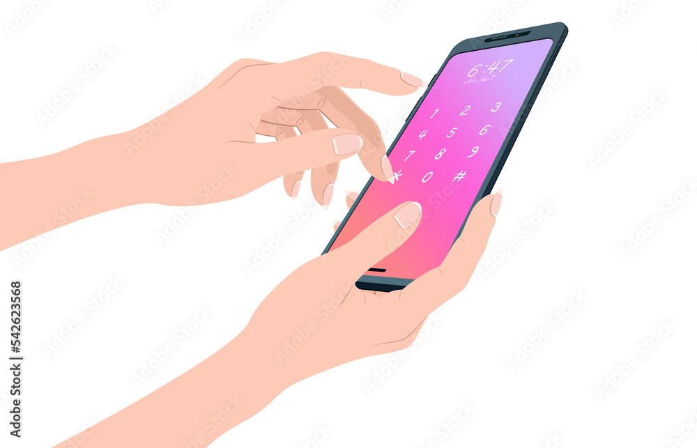 hand holding a smartphone transparent background touch pink screen dial ...