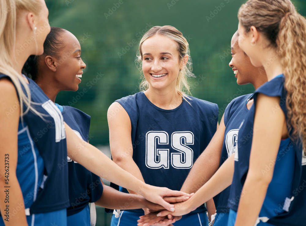 Women netball, teamwork huddle and hands in support, collaboration and ...