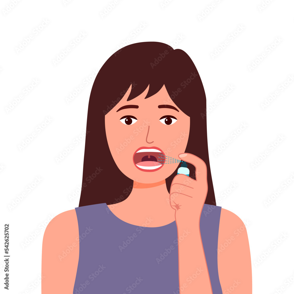 Woman using mouth spray for fresh breathing or sore throat infection ...