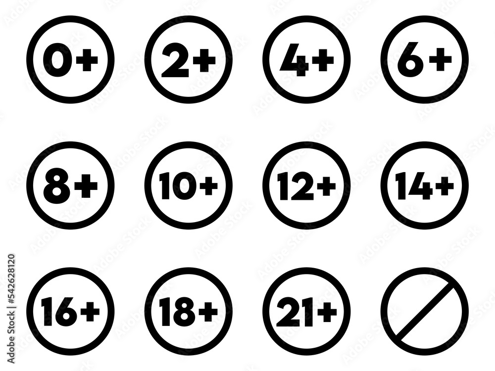 set of icons with age restrictions black numbers isolated on white ...