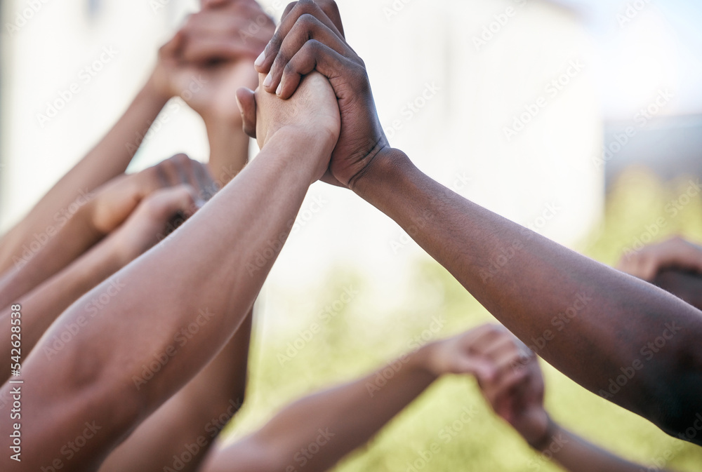 Diversity, holding hands and support with solidarity and prayer circle ...