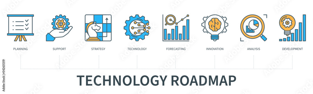 Technology roadmap concept with icons. Planning, support, strategy ...