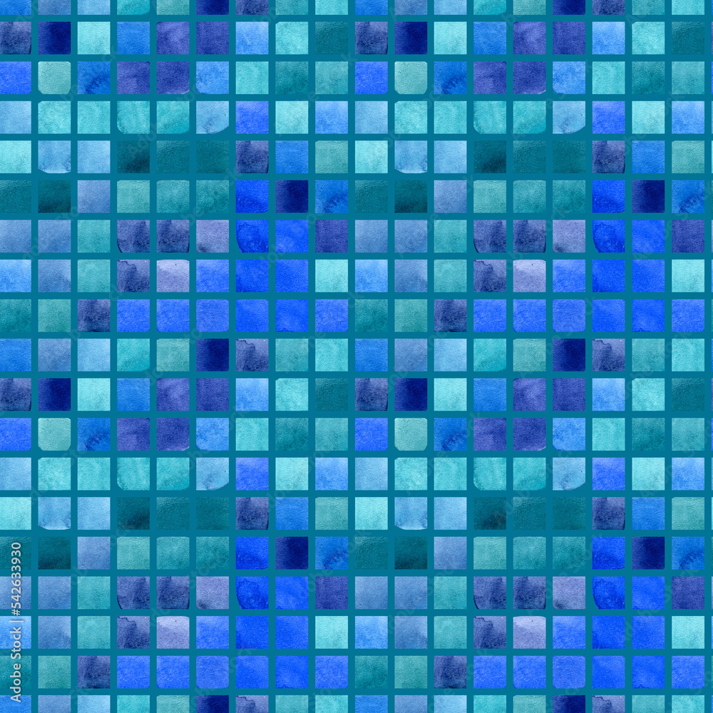 Watercolor blue green square mosaic seamless pattern. Illustration on ...