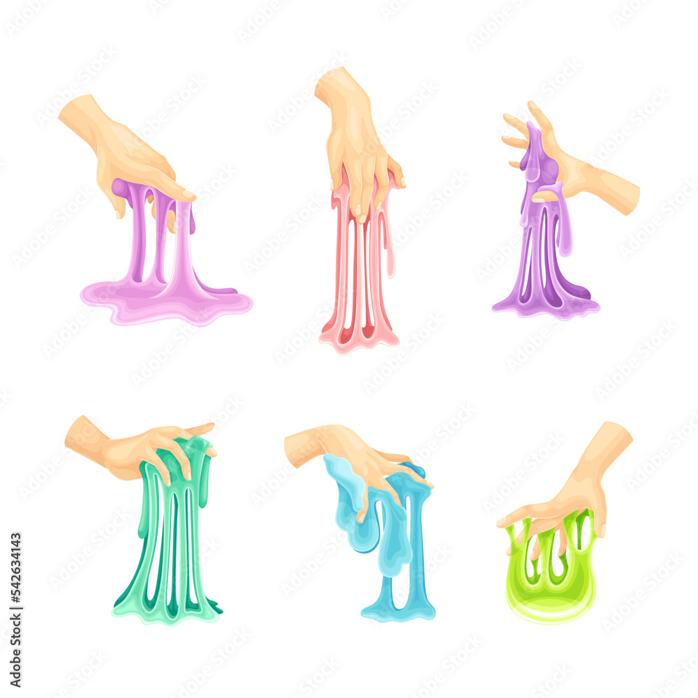 Human hands playing colorful slime set. Sticky bright liquid hand gum ...