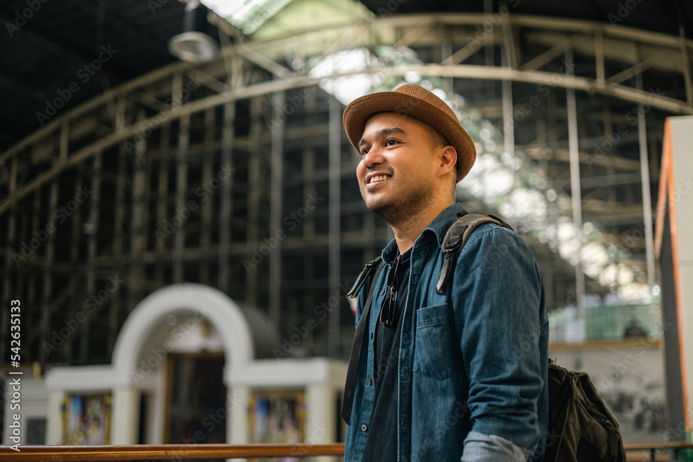Freedom traveler young asian man at terminal train station. Happy ...