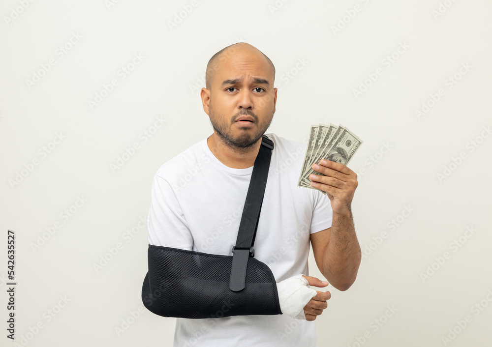 Depressed man suffering from pain counting dollar banknote payment No ...