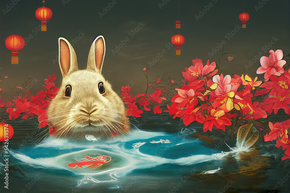 Chinese year of the rabbit 2023. Water rabbit, illustration, metaphor ...