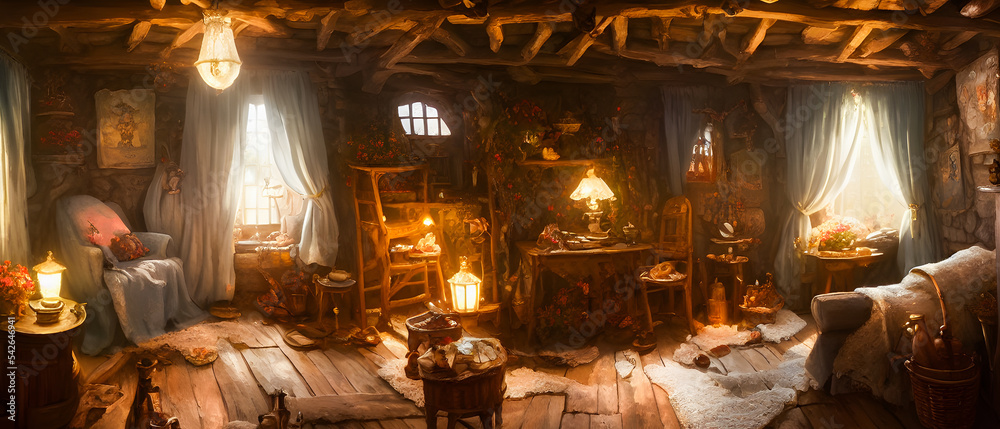 Artistic concept illustration of a cottage interior, background ...