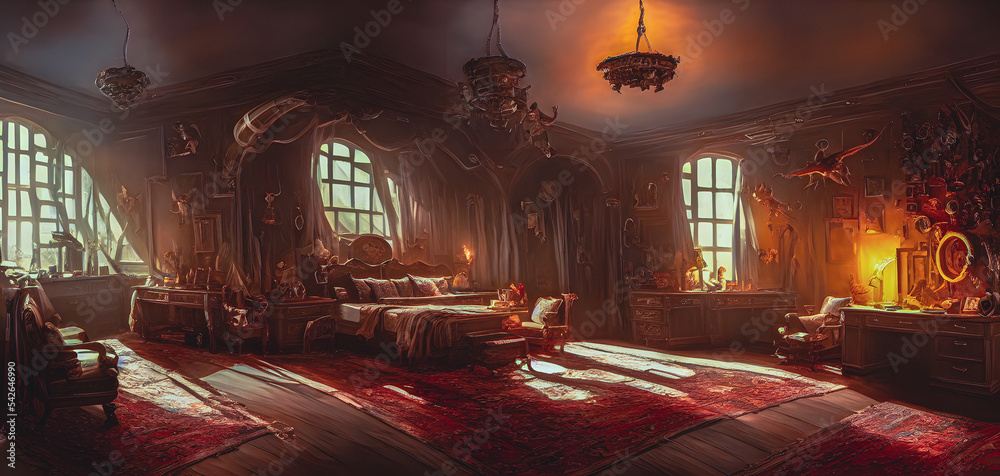 Artistic concept illustration of a cottage interior, background ...