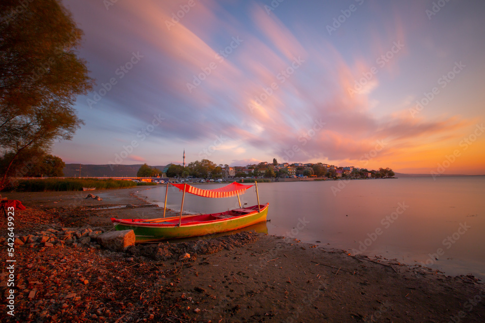 Lake landscape and fishing boat. Golyazi, Sapanca, Van golu, Iznik ...