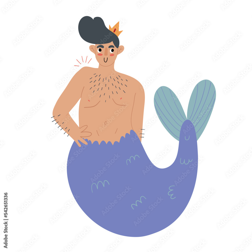 Hand drawn chubby smiling merman with crown, isolated vector ...