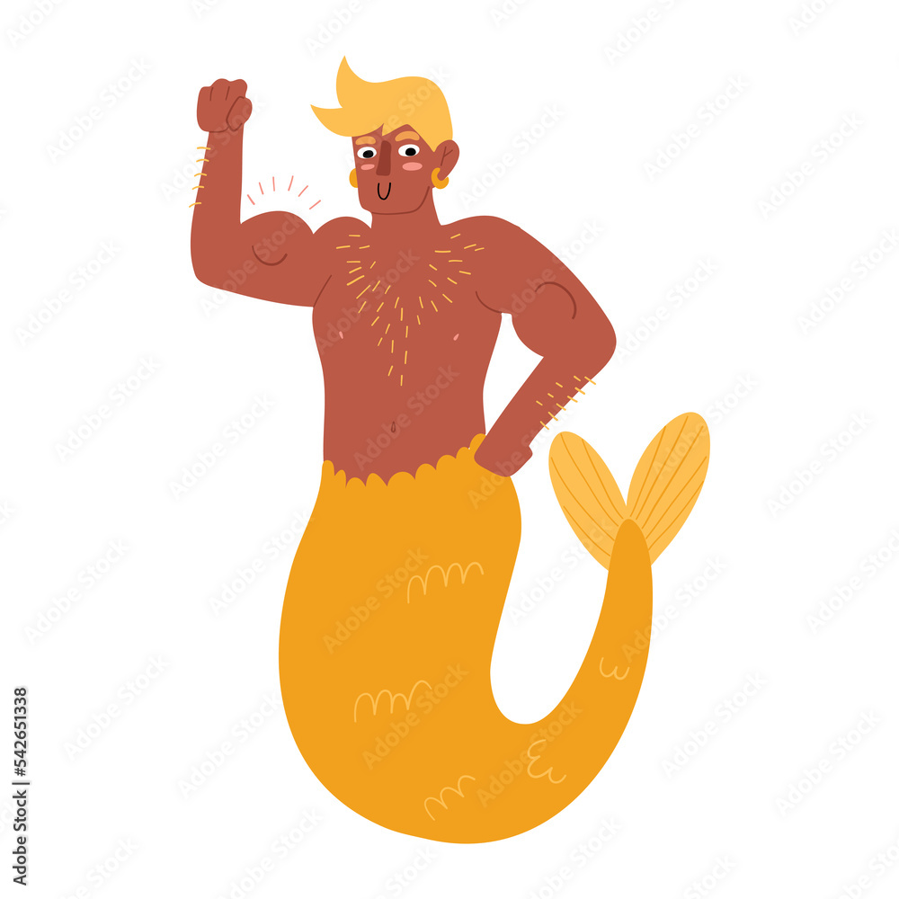 Handsome and strong merman showing his muscles, funny hand drawn vector ...