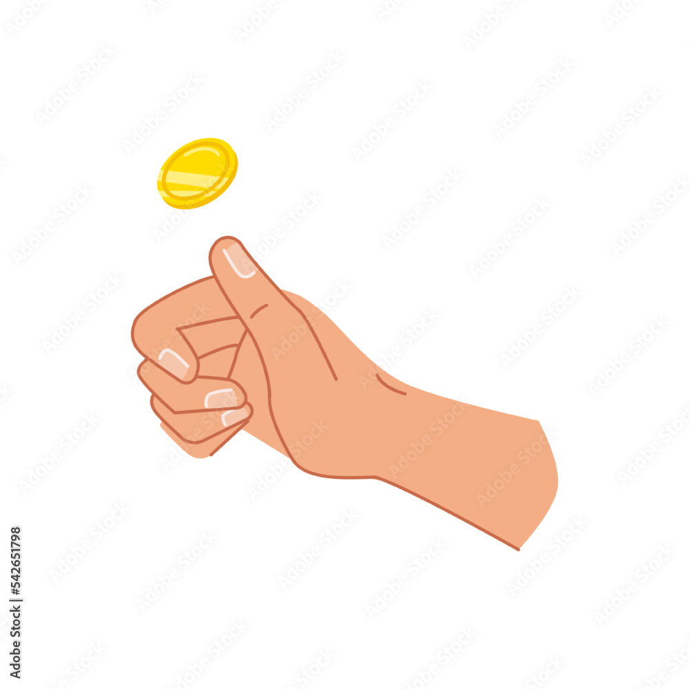 Tossing gold coin up, isolated hand of character throwing money. Arm of ...