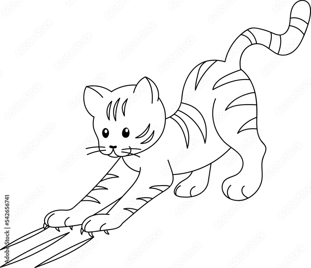 Cute coloring page for kids with cartoon kitten scratching. Cartoon ...