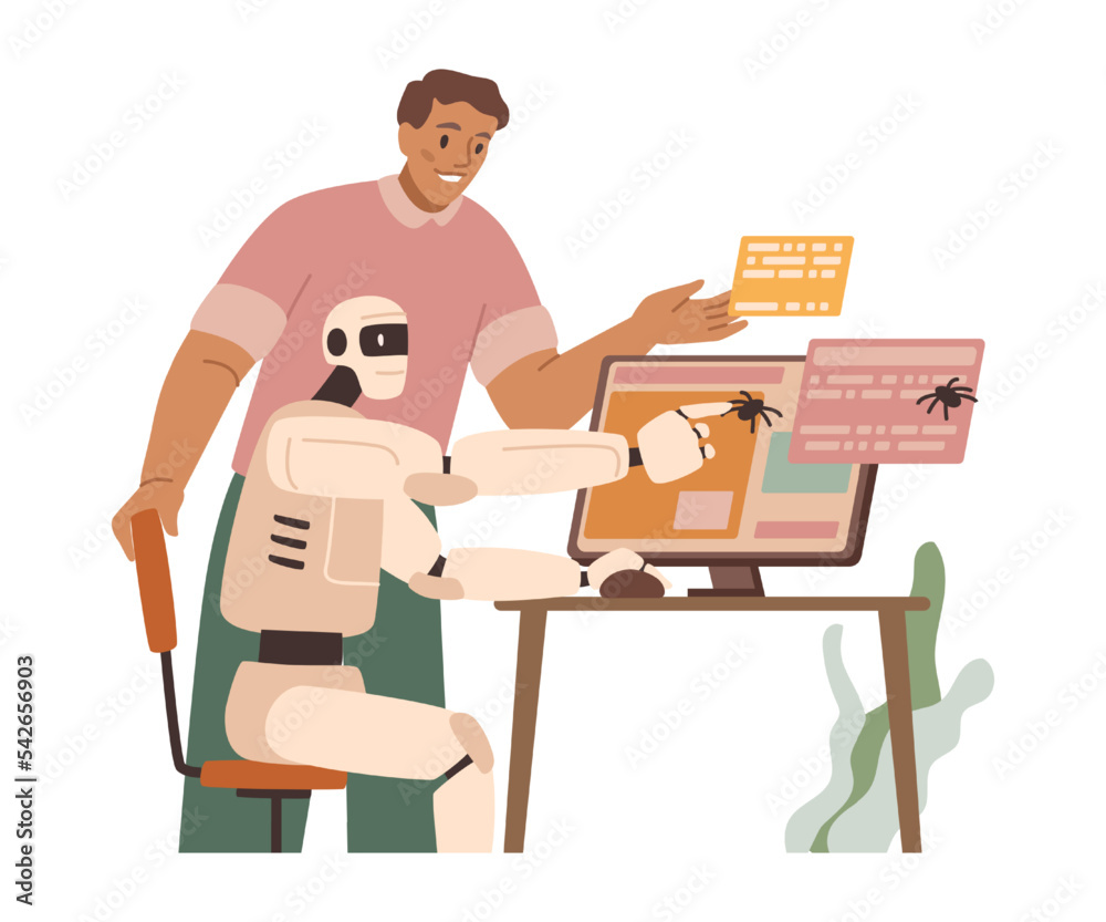 Testing and repairing bugs in programs. Isolated employee helping robot ...